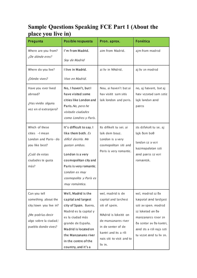 Sample questions speaking fce part 1 | PDF