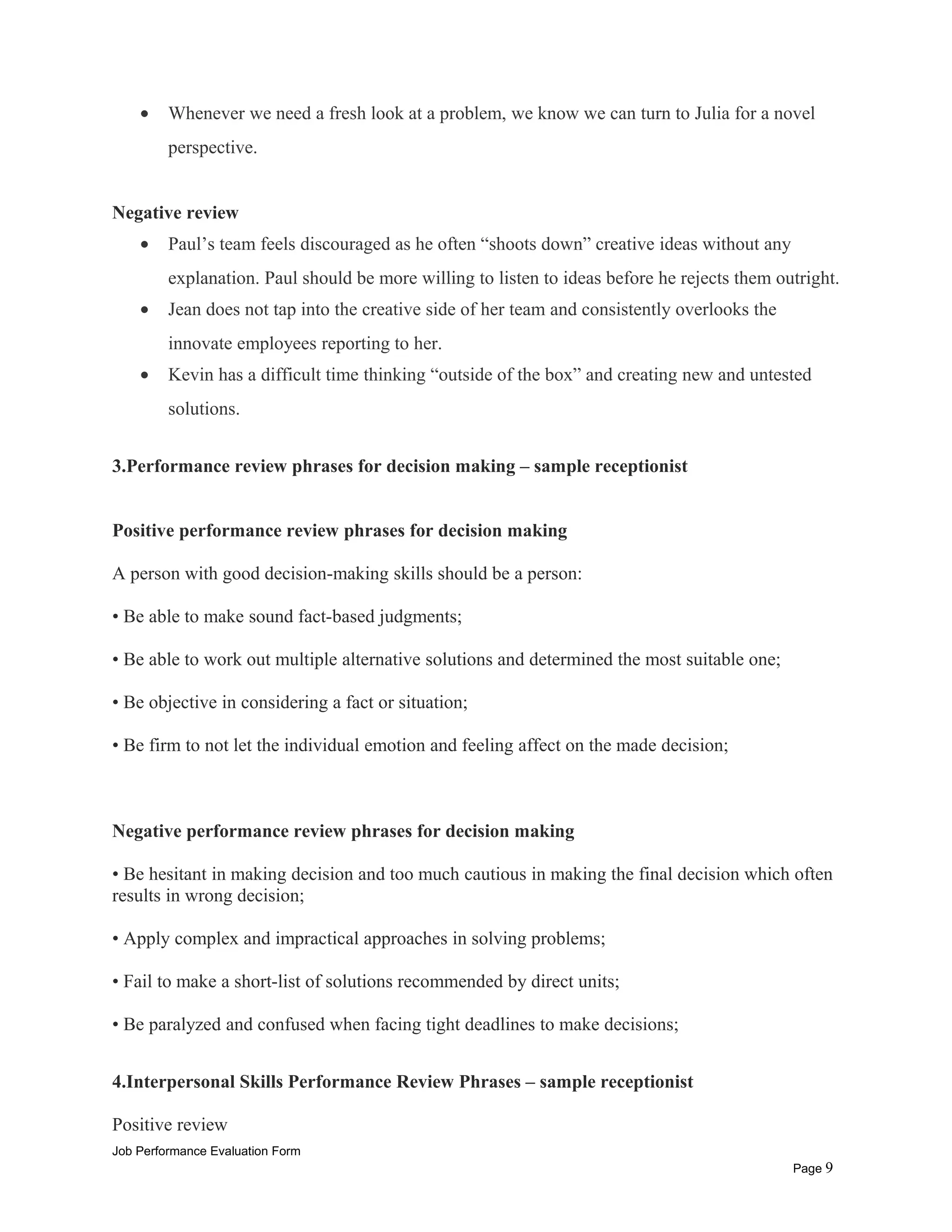 Sample receptionist performance appraisal | DOC