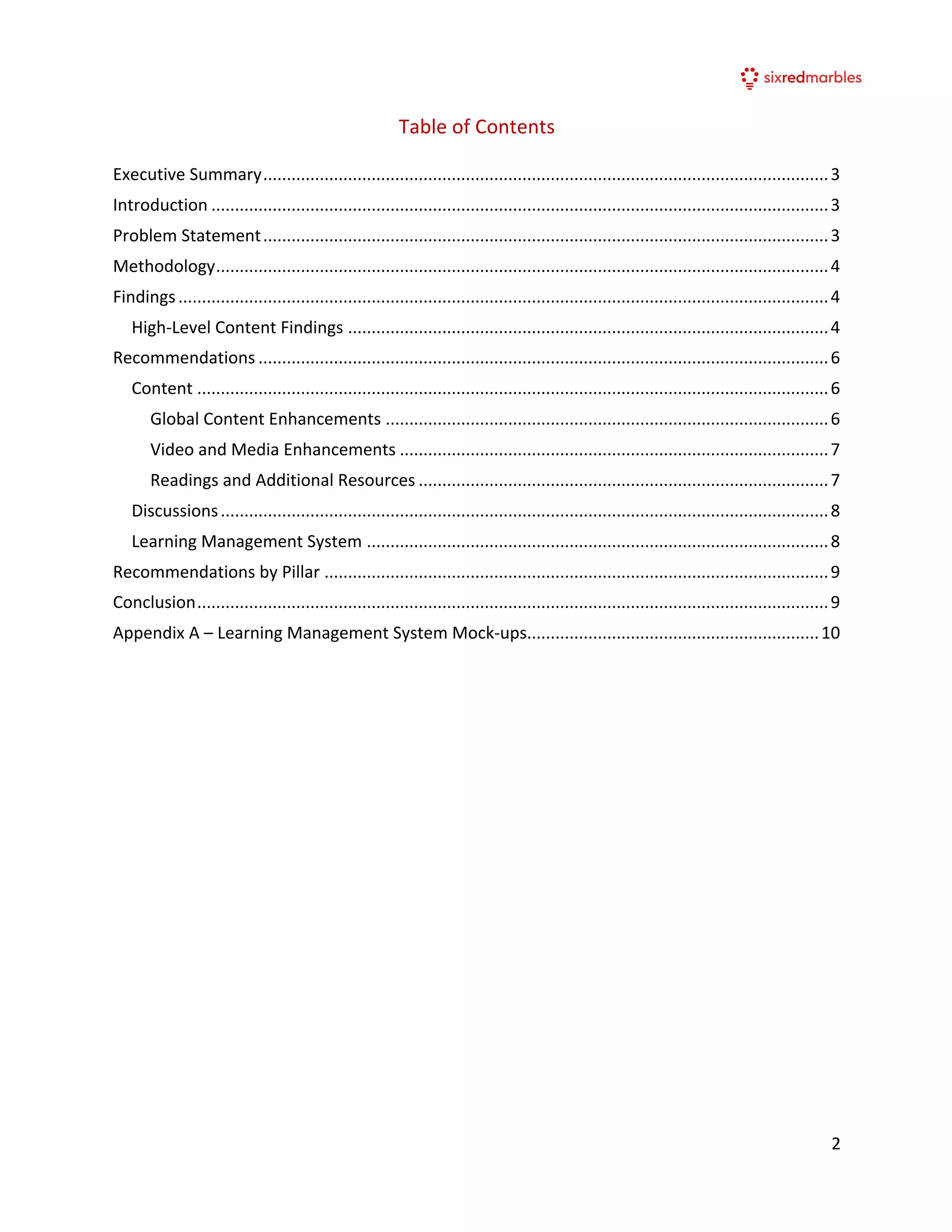 Sample Recommendations Report TOC | PDF