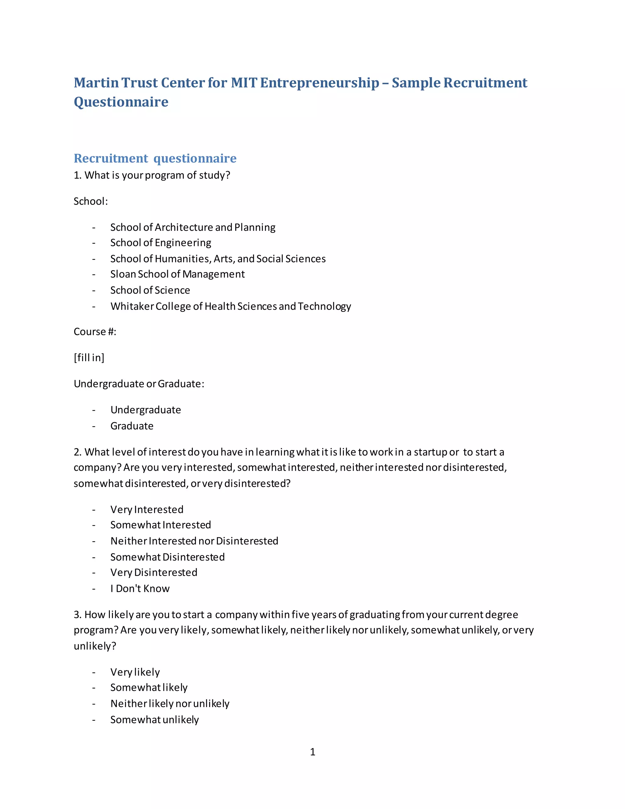 Sample recruitment questionnaire | PDF