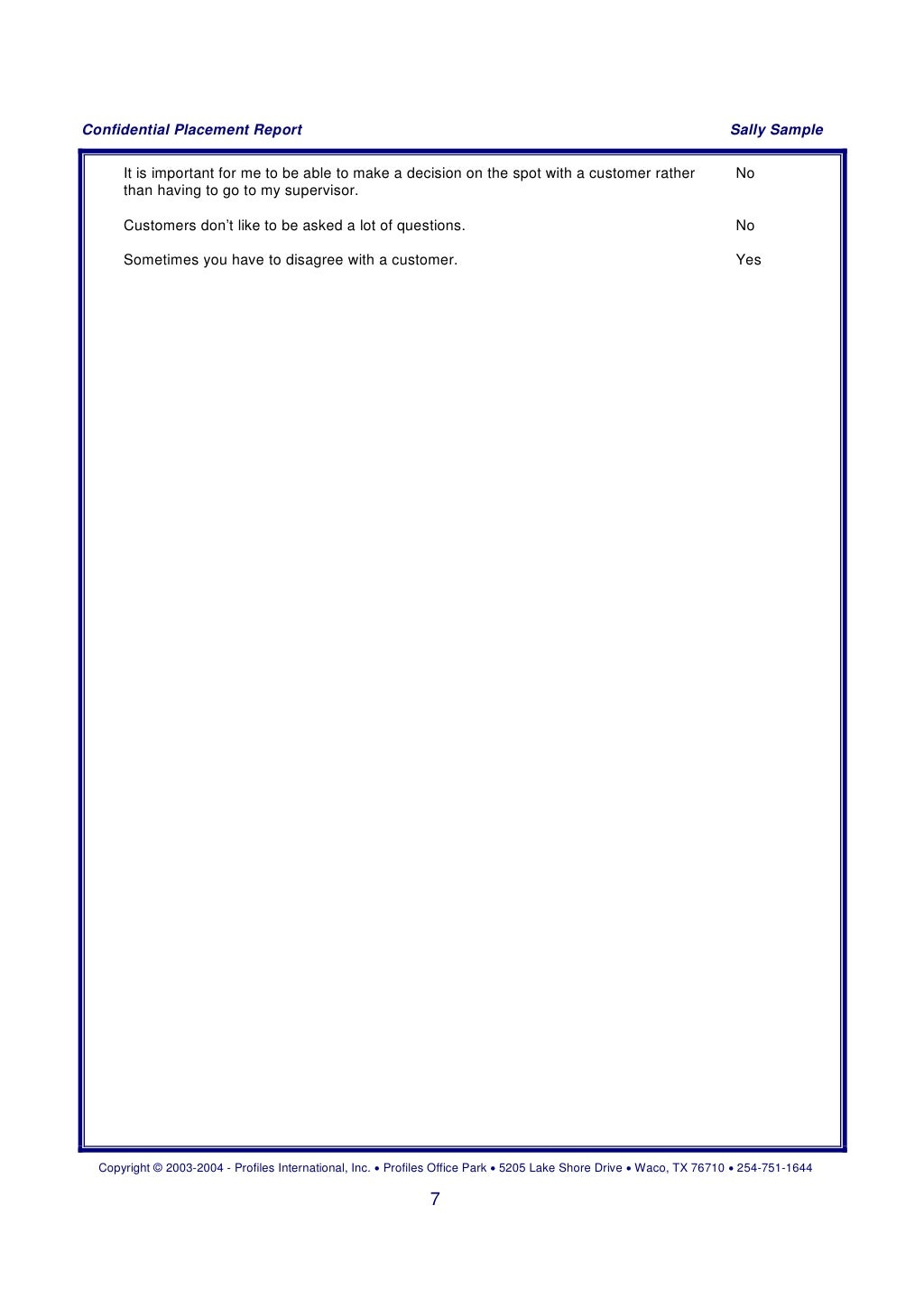 Sample Report Placement Report (Pcsp)