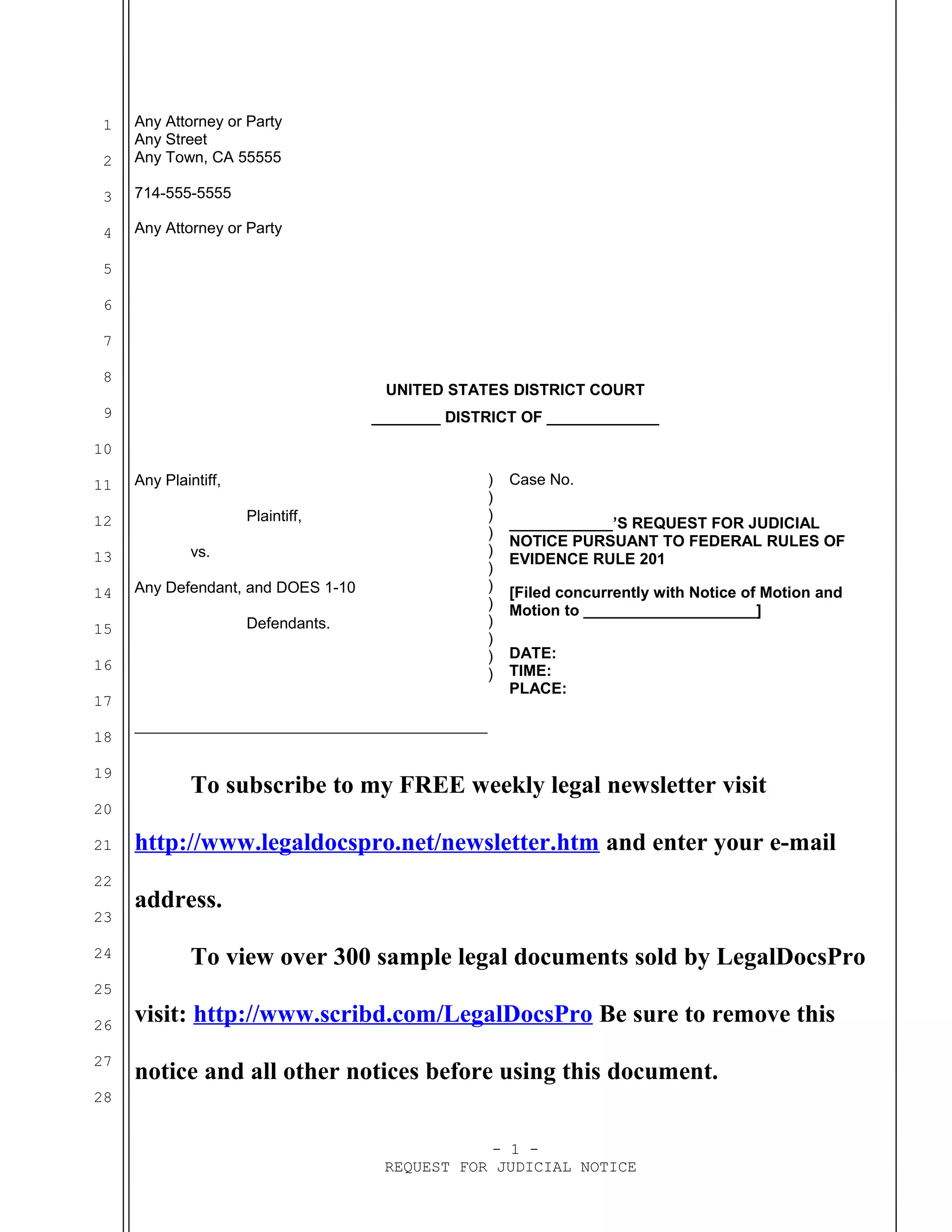 Sample request for judicial notice in United States District Court | DOC