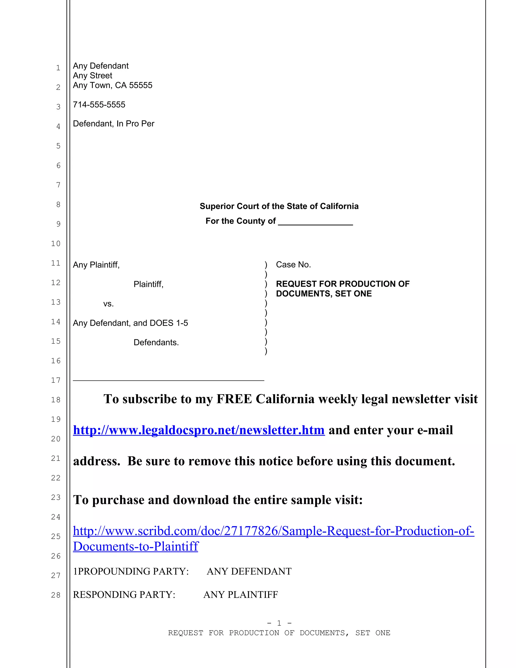 Sample California request for production of documents | DOC
