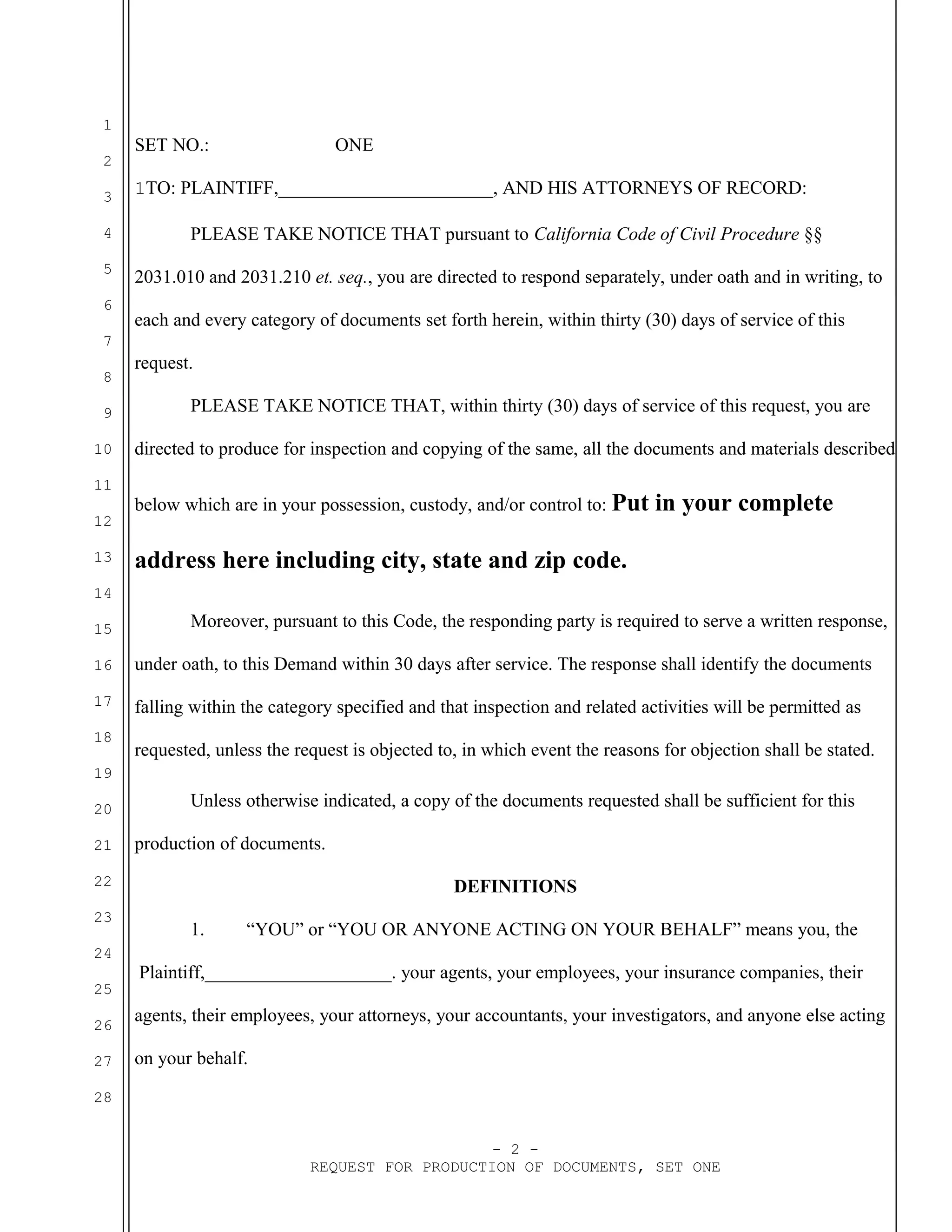 Sample California request for production of documents | DOC