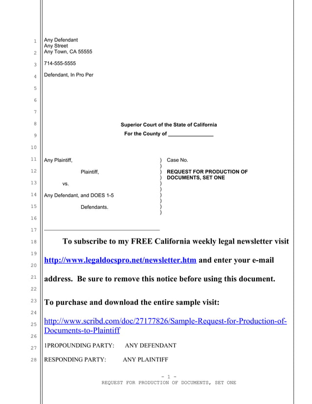 Sample California request for production of documents | DOC | Law
