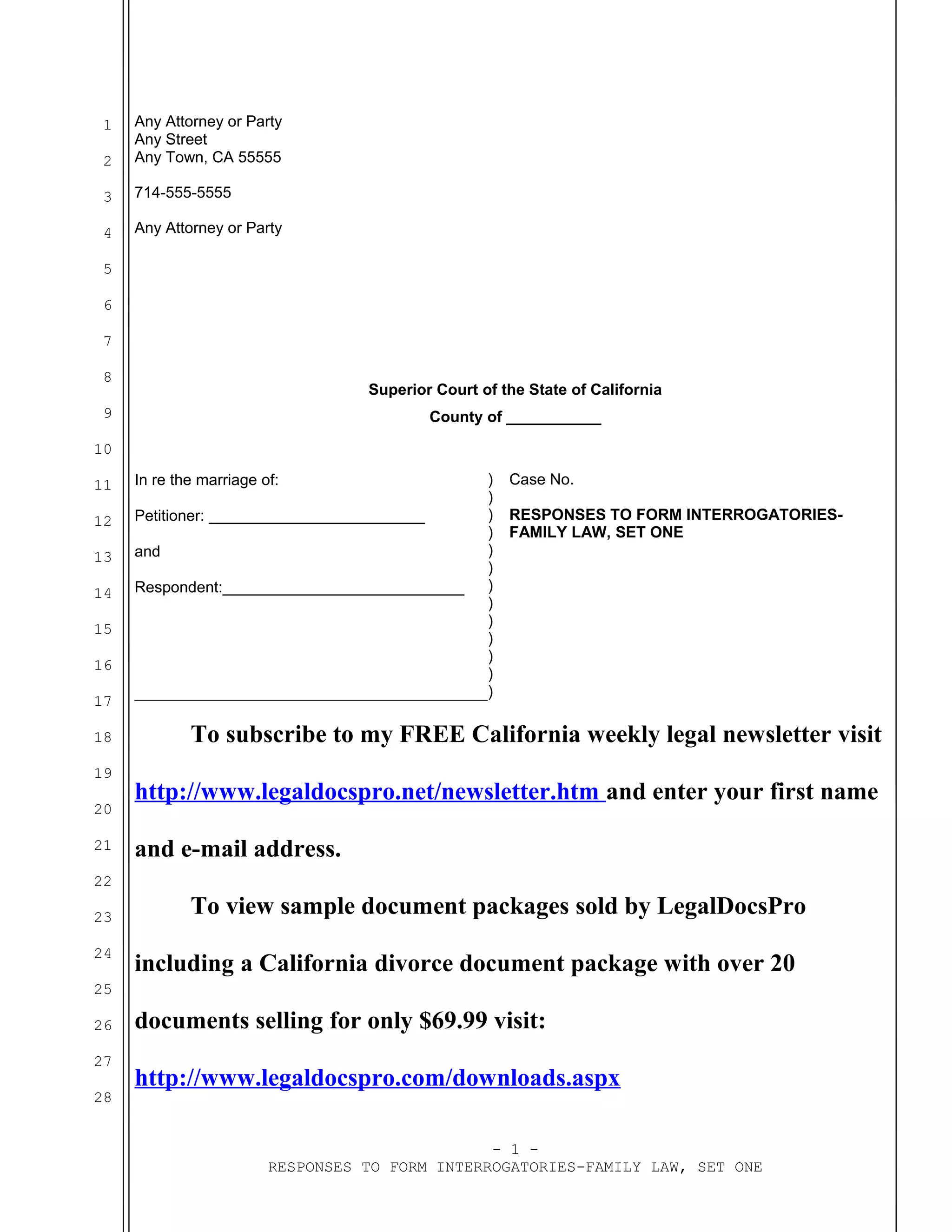 Sample responses to form interrogatories for California divorce | DOC