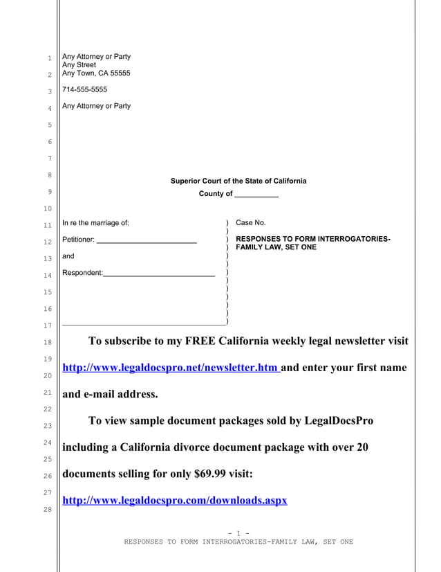 Sample responses to form interrogatories for California divorce | DOC | Law