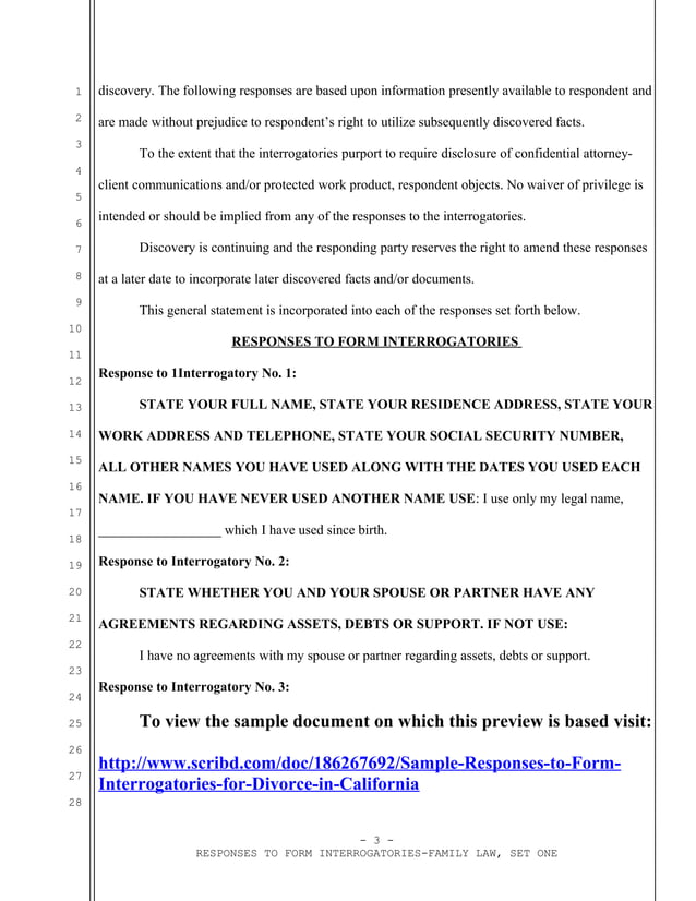 Sample responses to form interrogatories for California divorce | DOC | Law