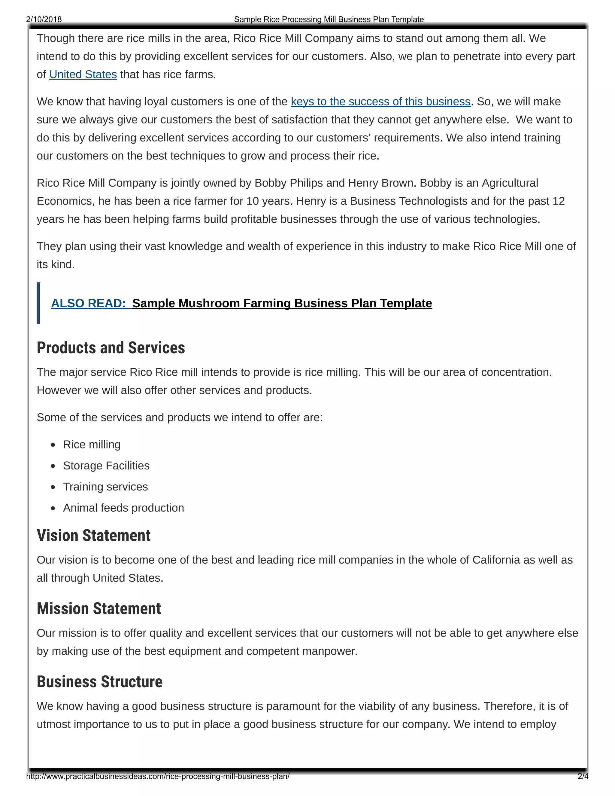 Sample rice processing mill business plan template | PDF