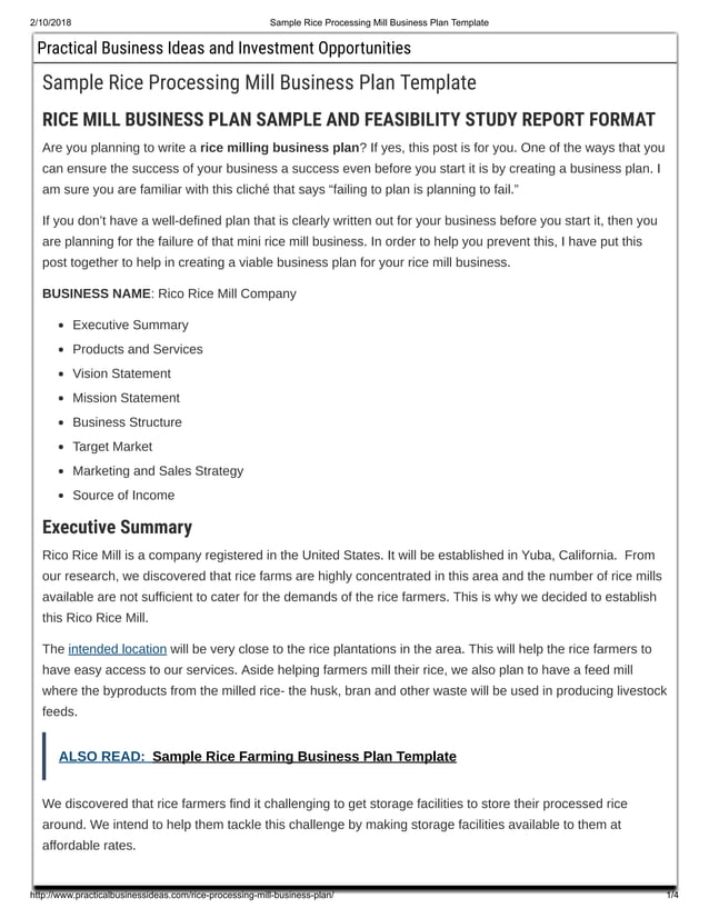 Sample rice processing mill business plan template | PDF | Agriculture ...