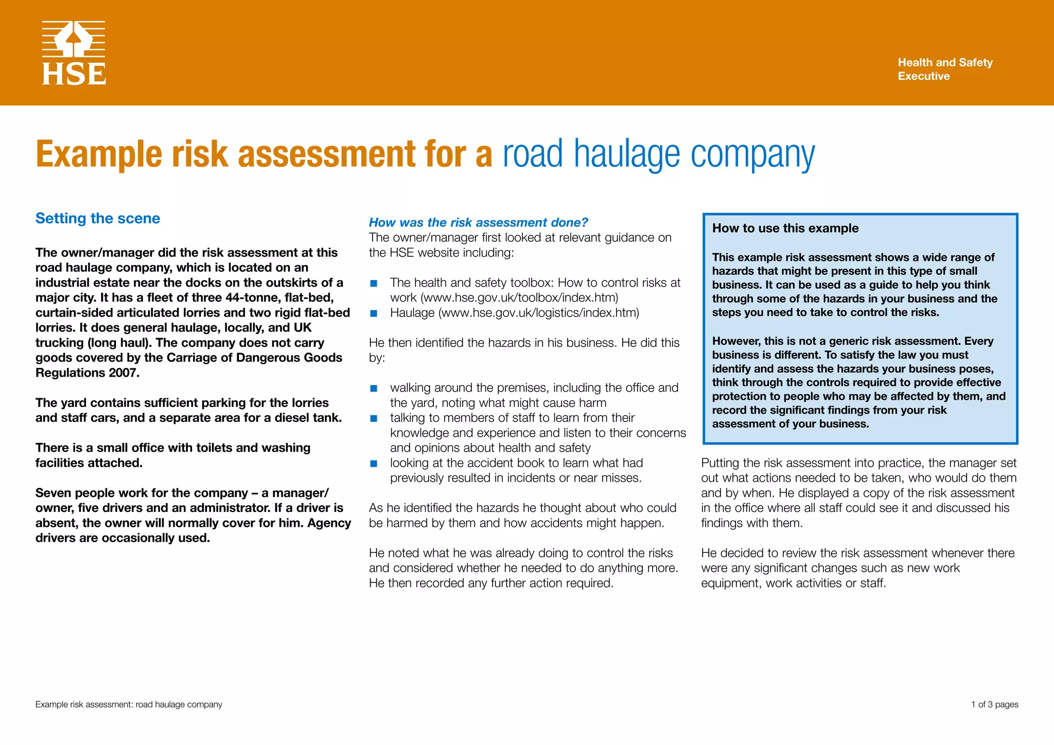Sample risk assessment roadhaulage | PDF