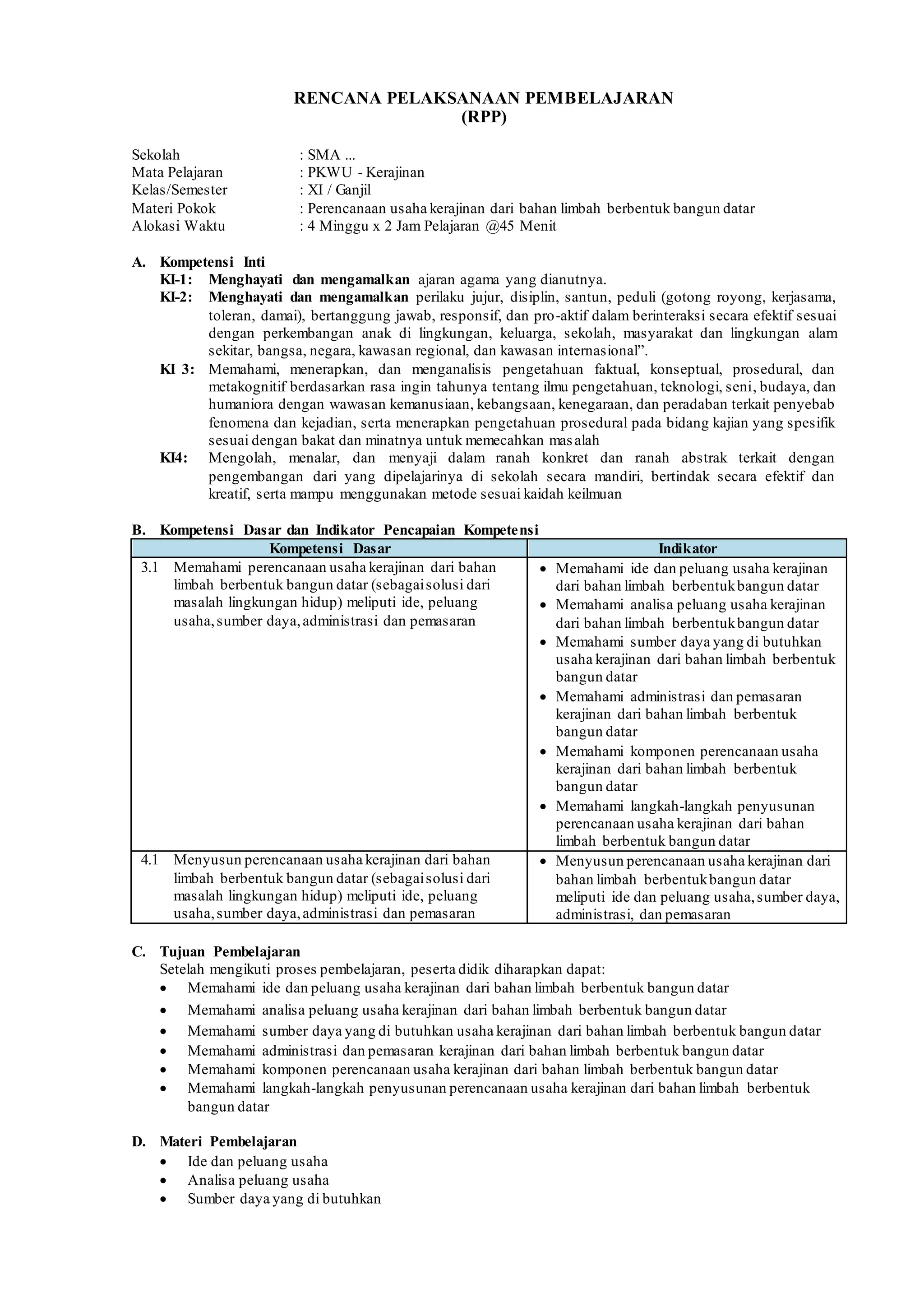 Rpp PKWU kerajinan 11 revisi 2017 | DOCX