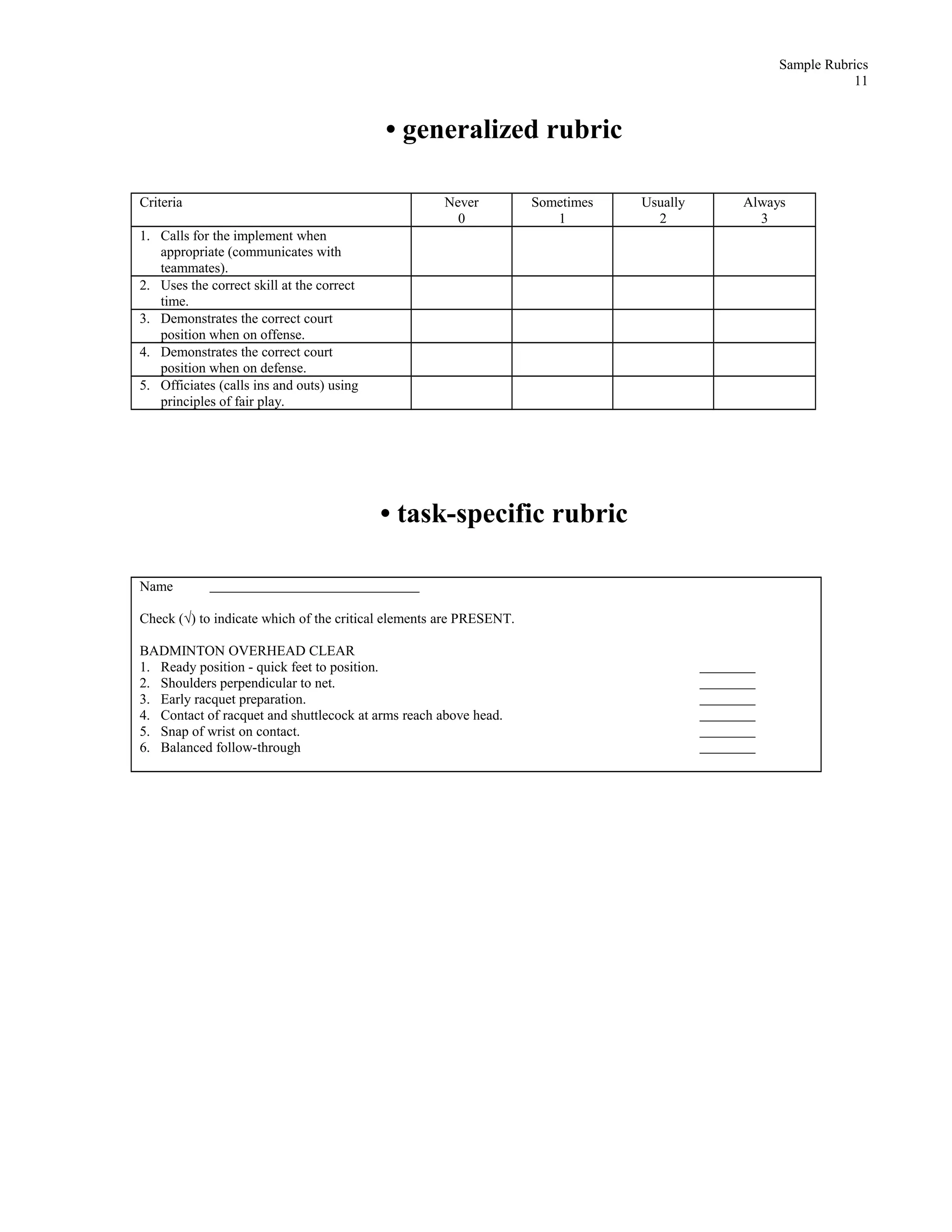 Sample rubrics for_physical_education_0 | DOC