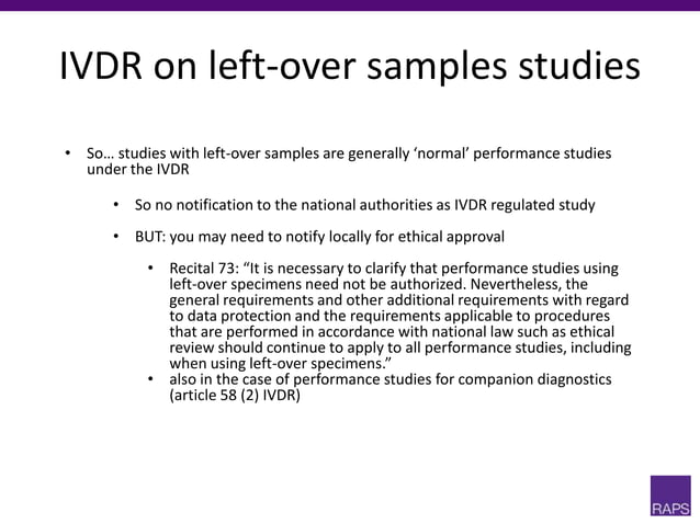 Use of left over samples under the IVDR and GDPR | PPTX