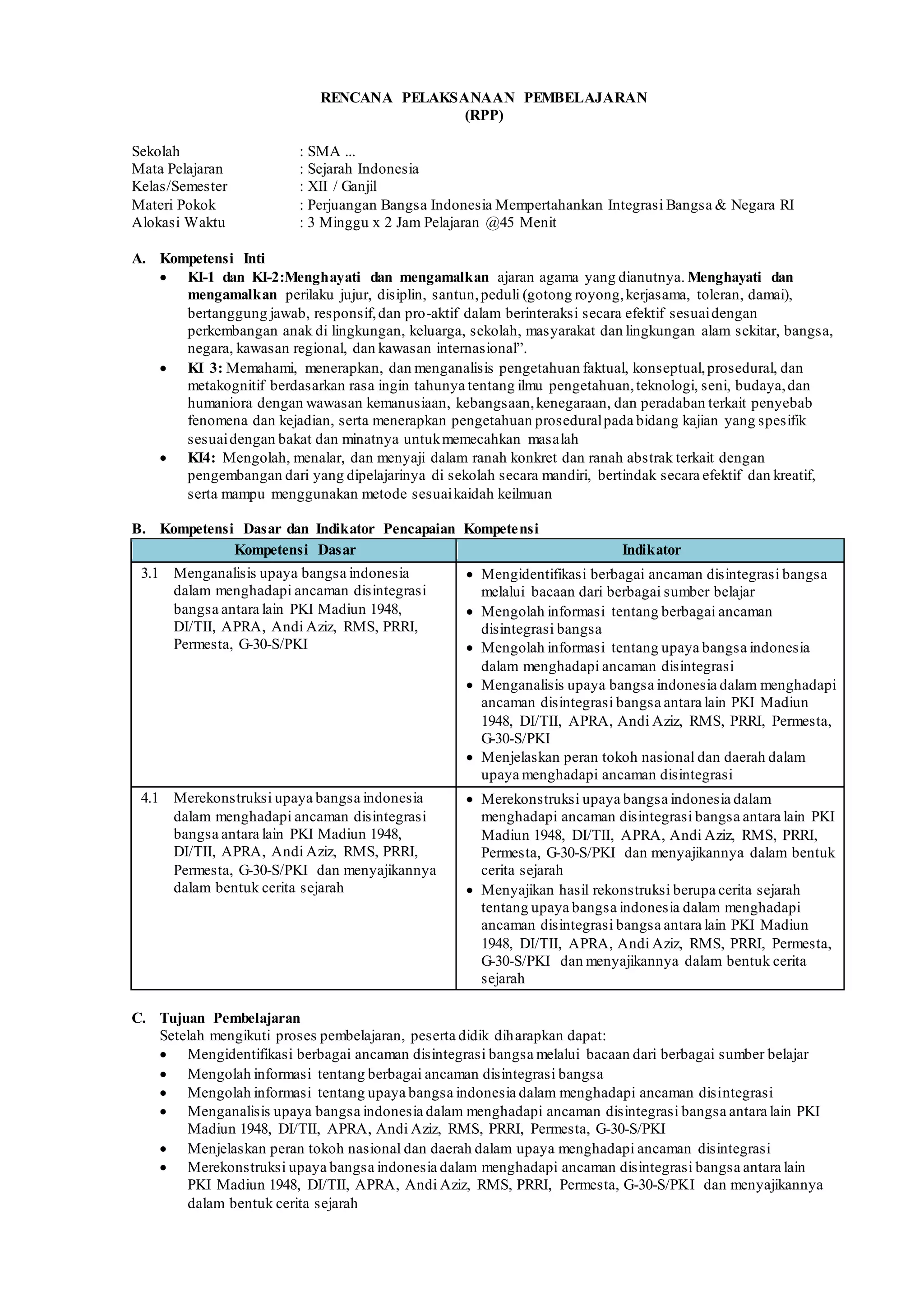 RPP sejarah Indonesia 12 revisi 2017 | DOCX