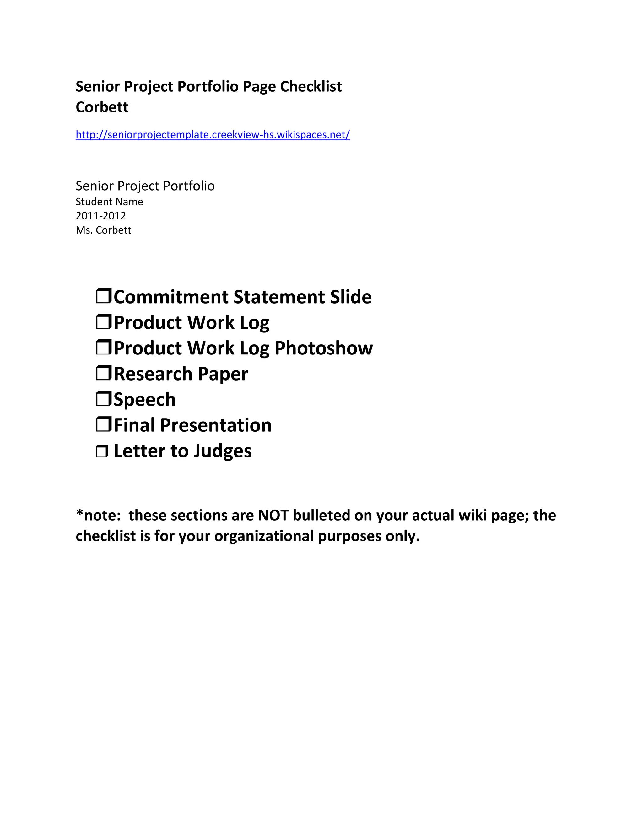 Senior Project Portfolio Checklist of Items | PDF