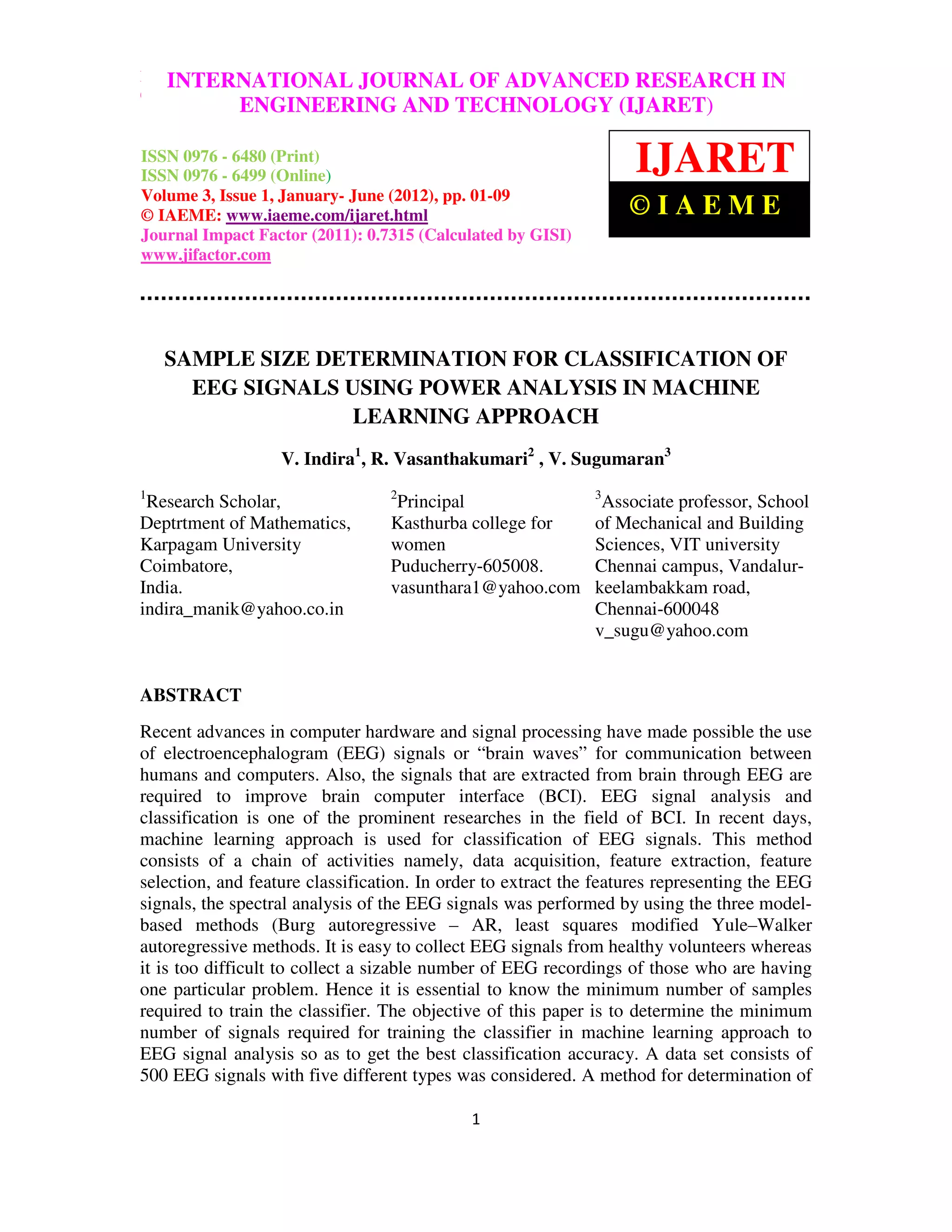 Sample size determination for classification of eeg signals using power analysis in machine ...