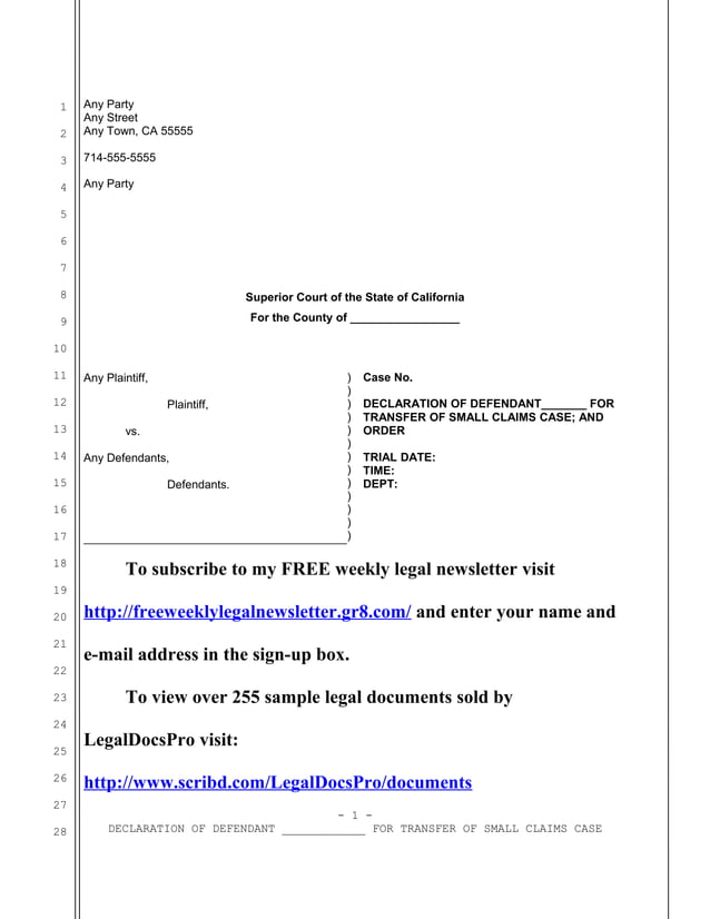Sample small claims transfer declaration for California | DOC