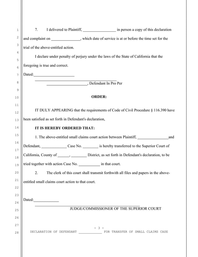 Sample small claims transfer declaration for California | DOC
