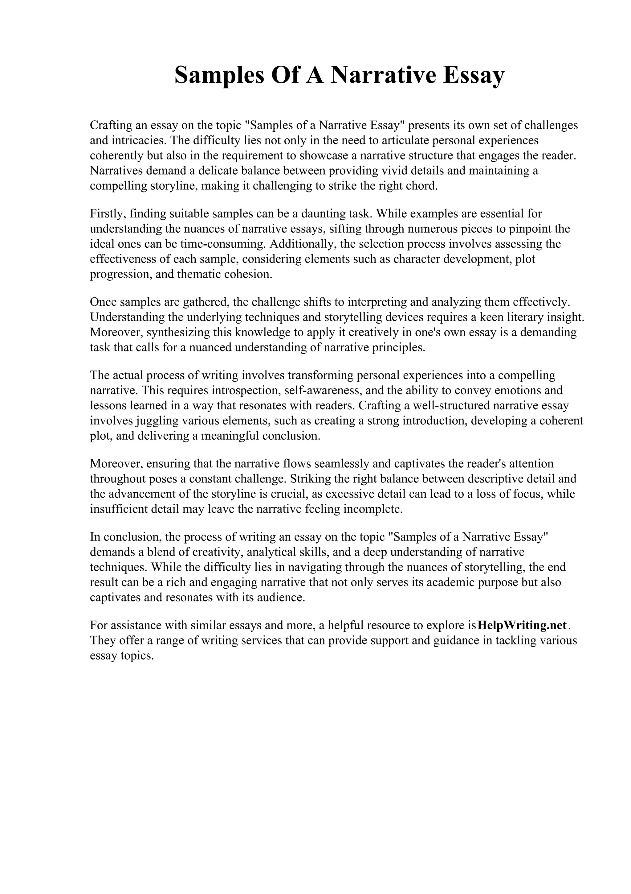 Samples Of A Narrative Essay. Saint Elizabeth University | PDF