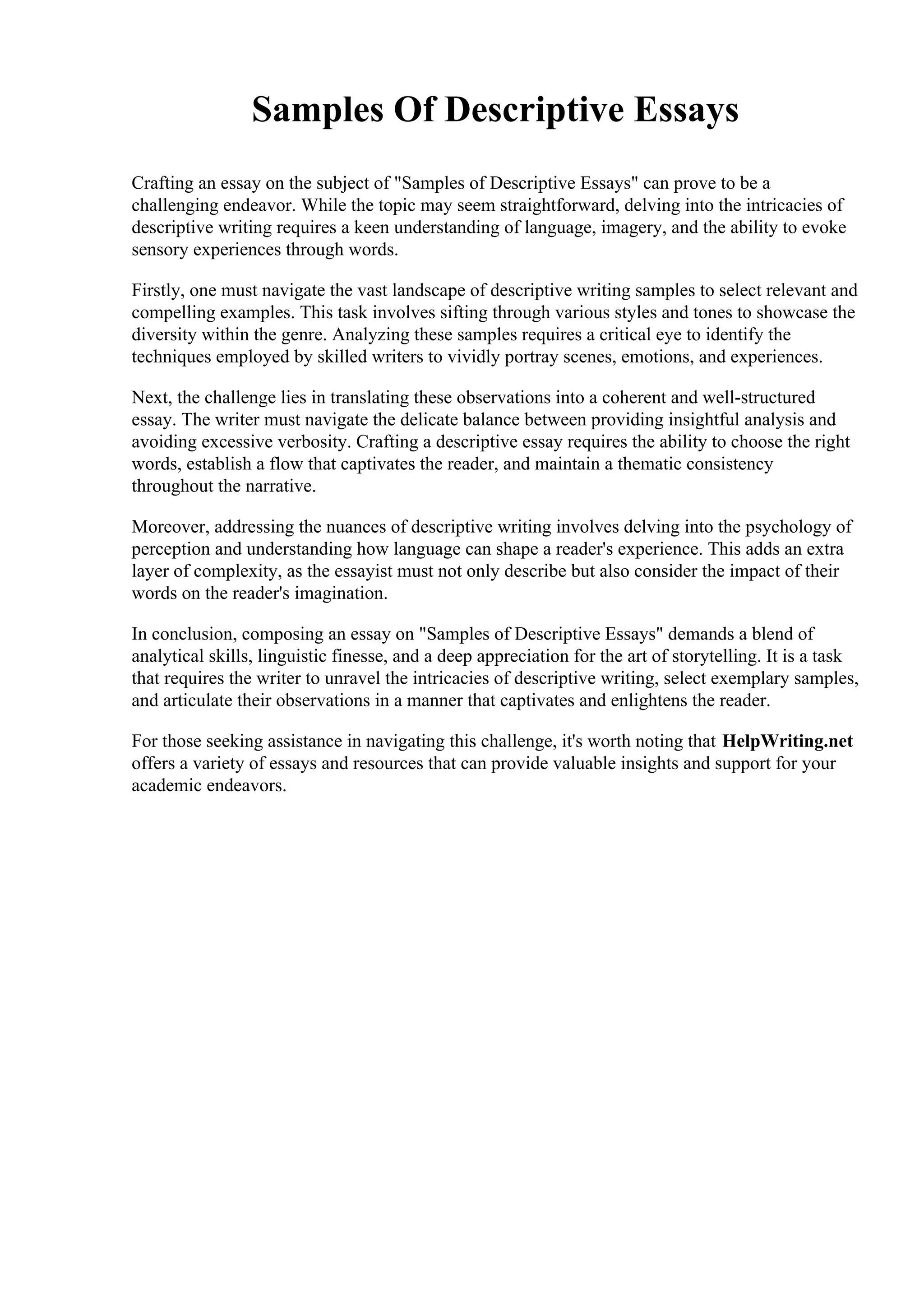 Samples Of Descriptive Essays. Keiser University | PDF