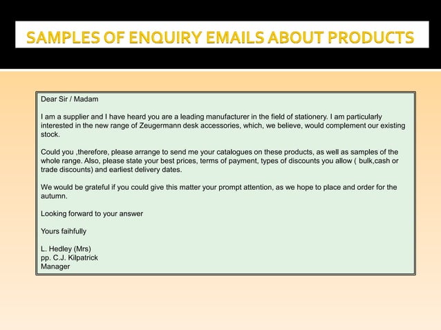 Samples of enquiry emails about products | PPT