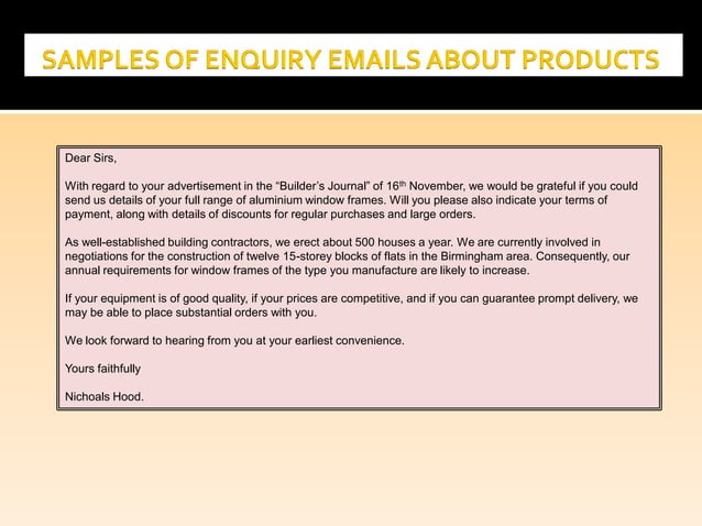 Samples of enquiry emails about products | PPT