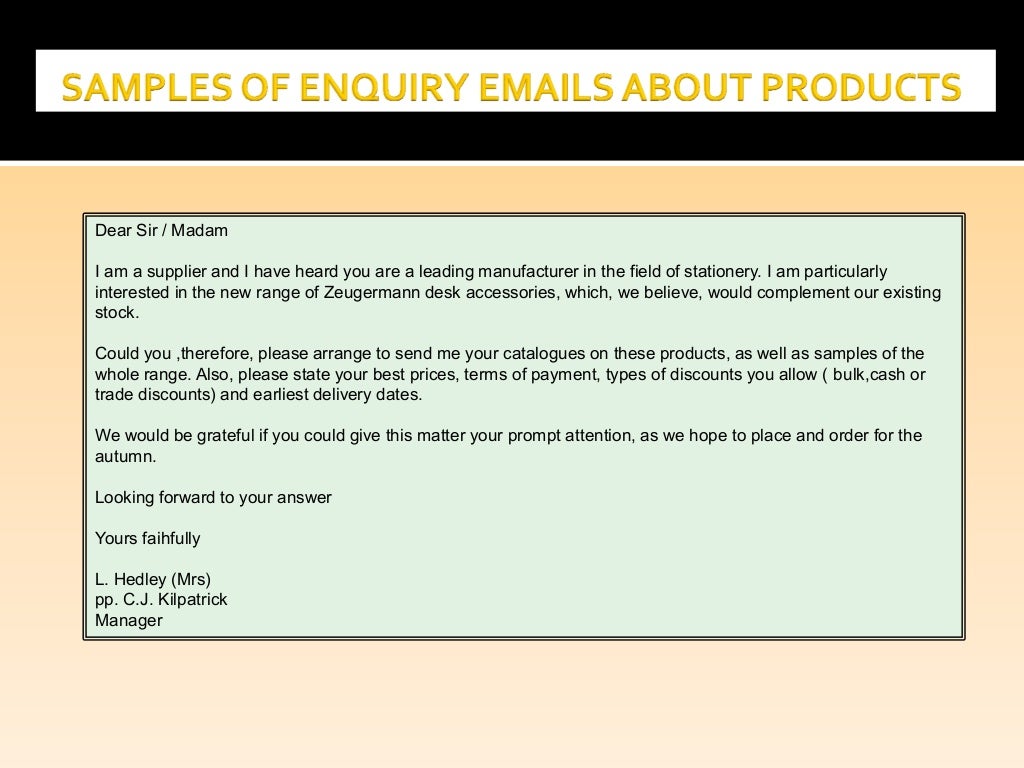 Samples of enquiry emails about products