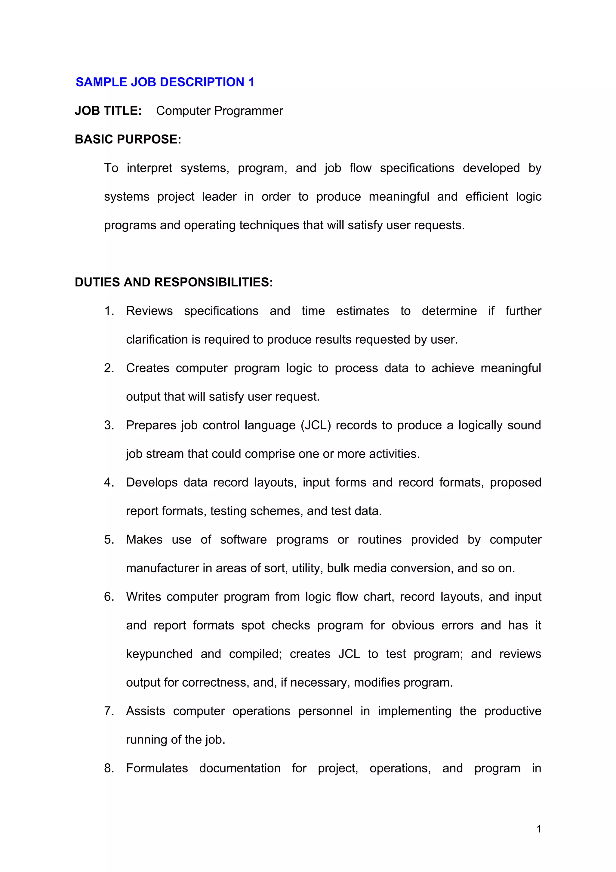 Samples of job descriptions b | PDF | Free Download