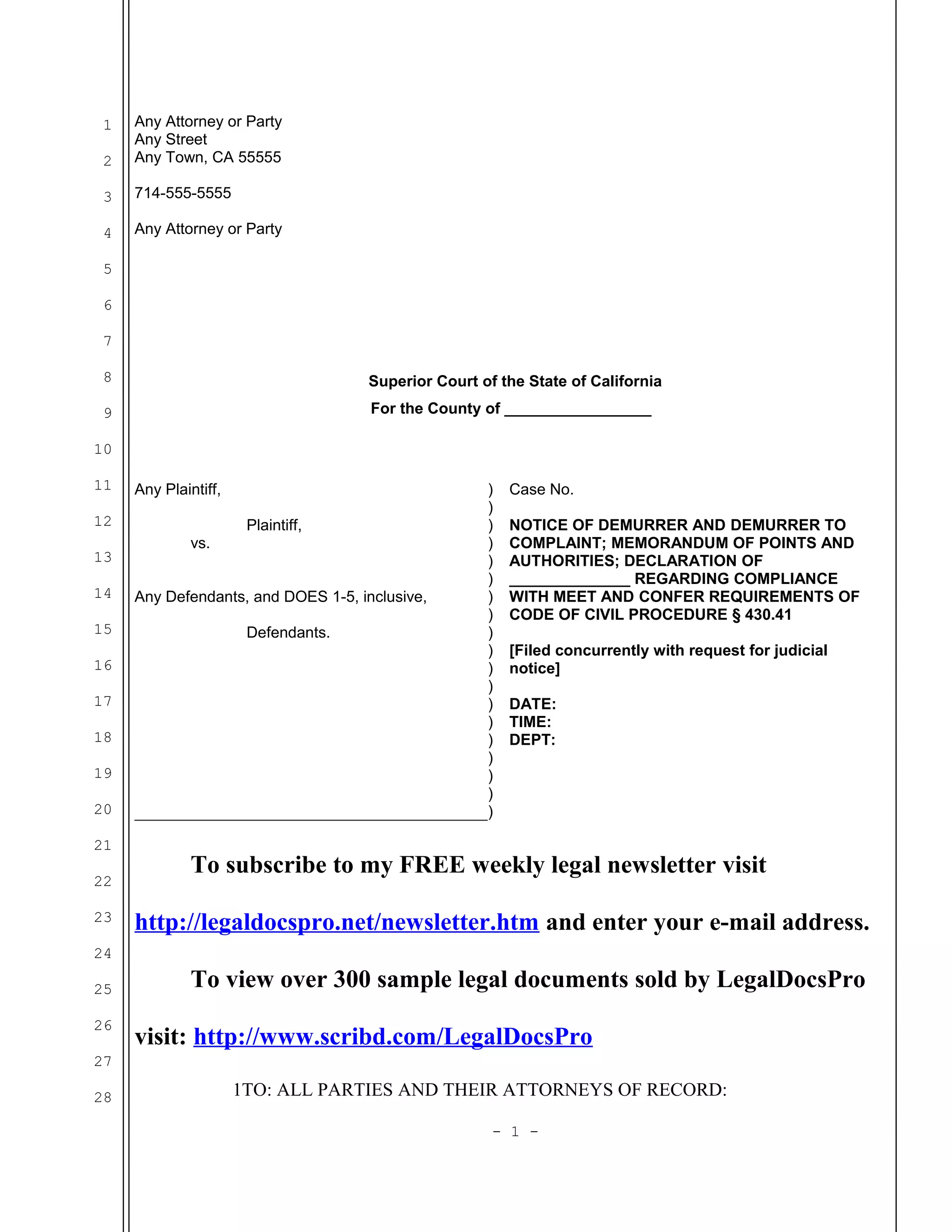 Sample demurrer for another action pending in California | DOC