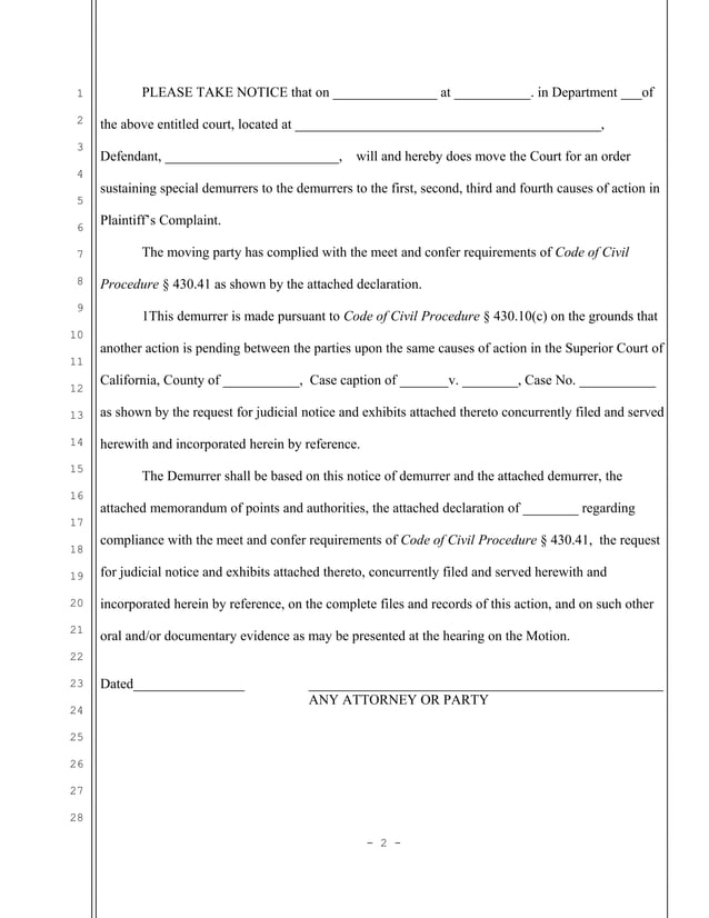 Sample demurrer for another action pending in California | DOC