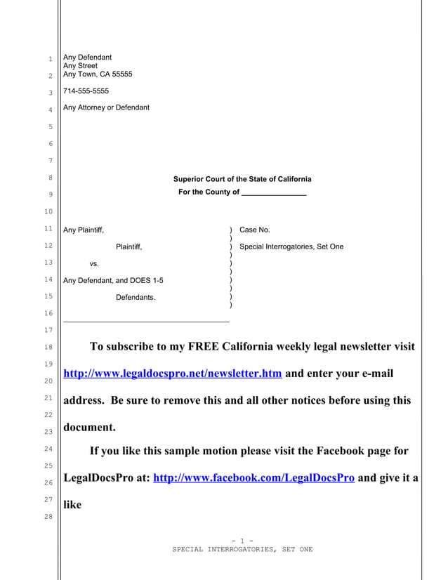 Sample special interrogatories for California | DOC