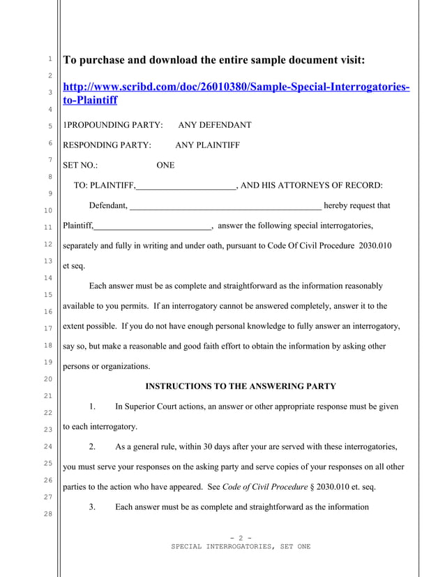 Sample special interrogatories for California | DOC