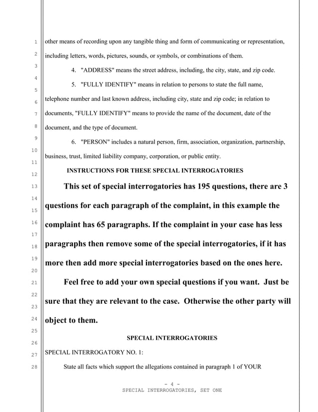 Sample special interrogatories for California | DOC