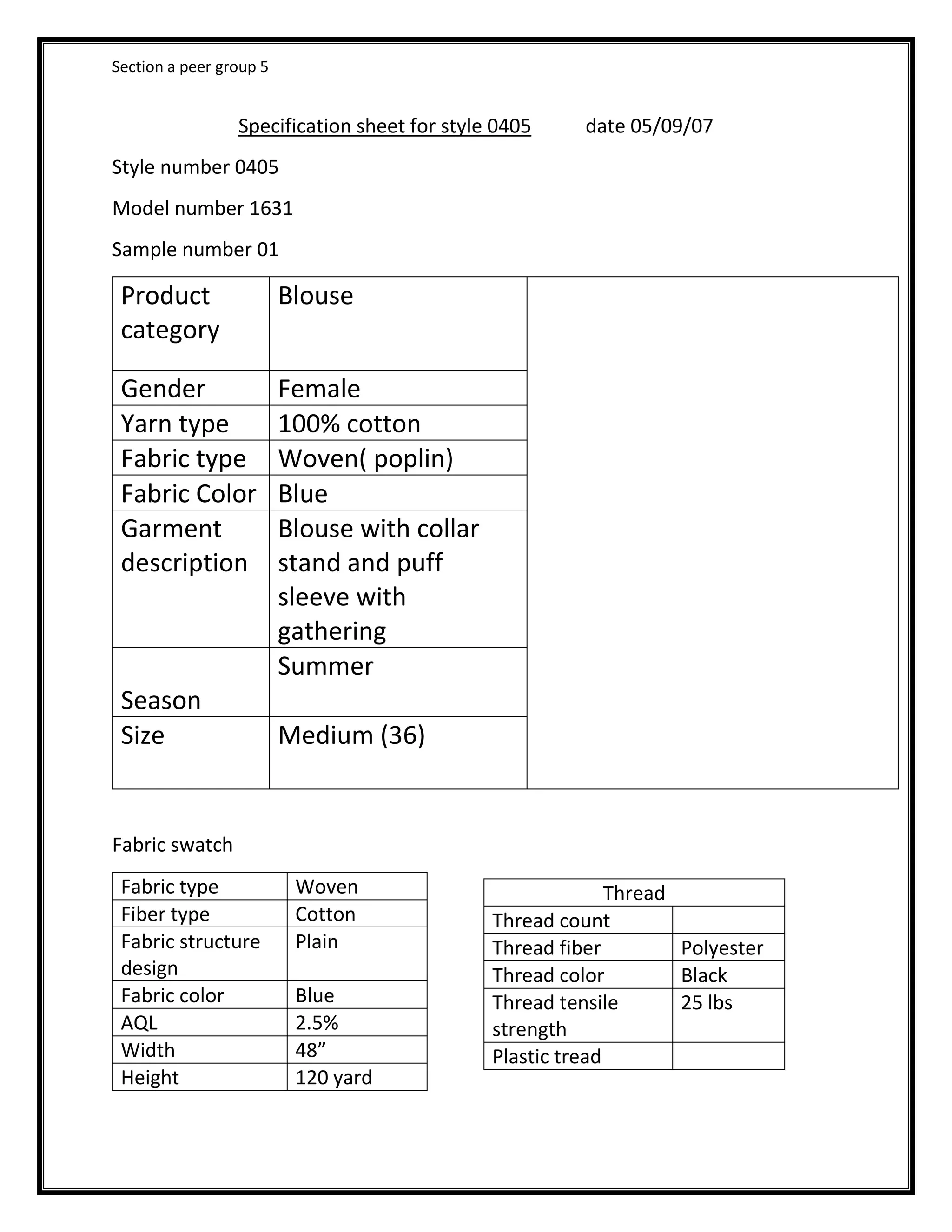 specification sheet for garment | PDF