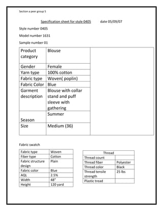 specification sheet for garment | PDF