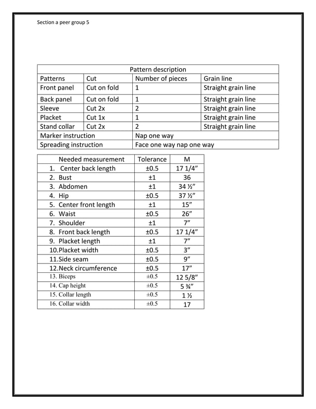 specification sheet for garment | PDF