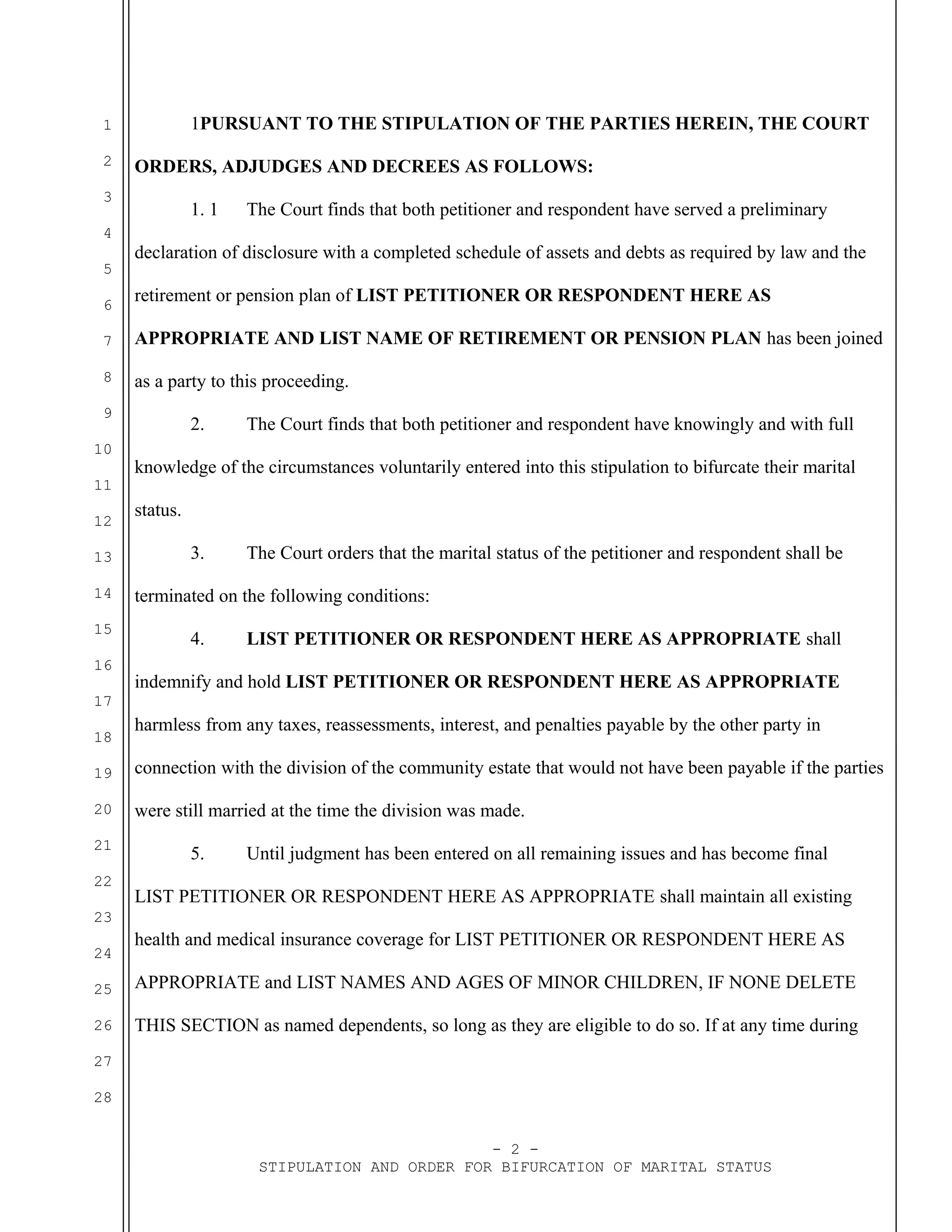 Sample stipulation and order for bifurcation of marital status in ...