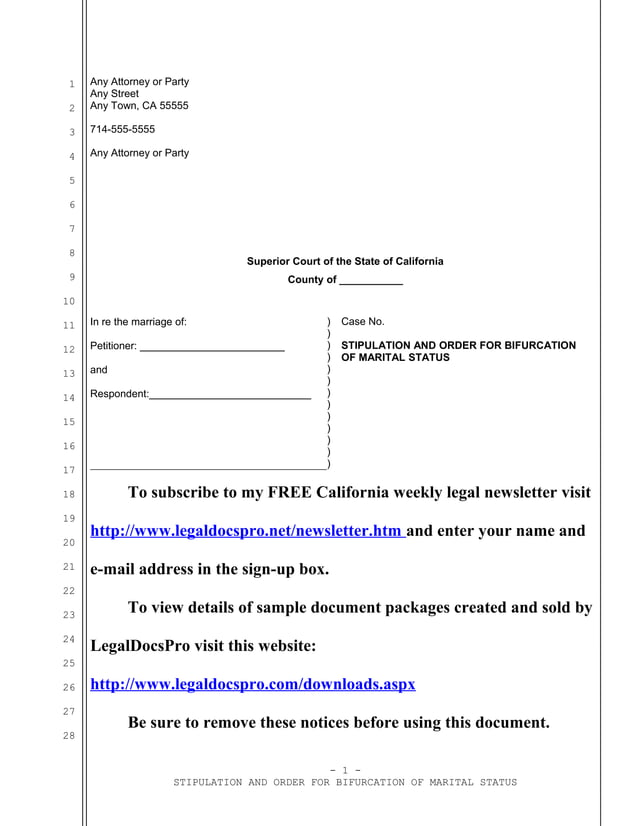Sample stipulation and order for bifurcation of marital status in ...