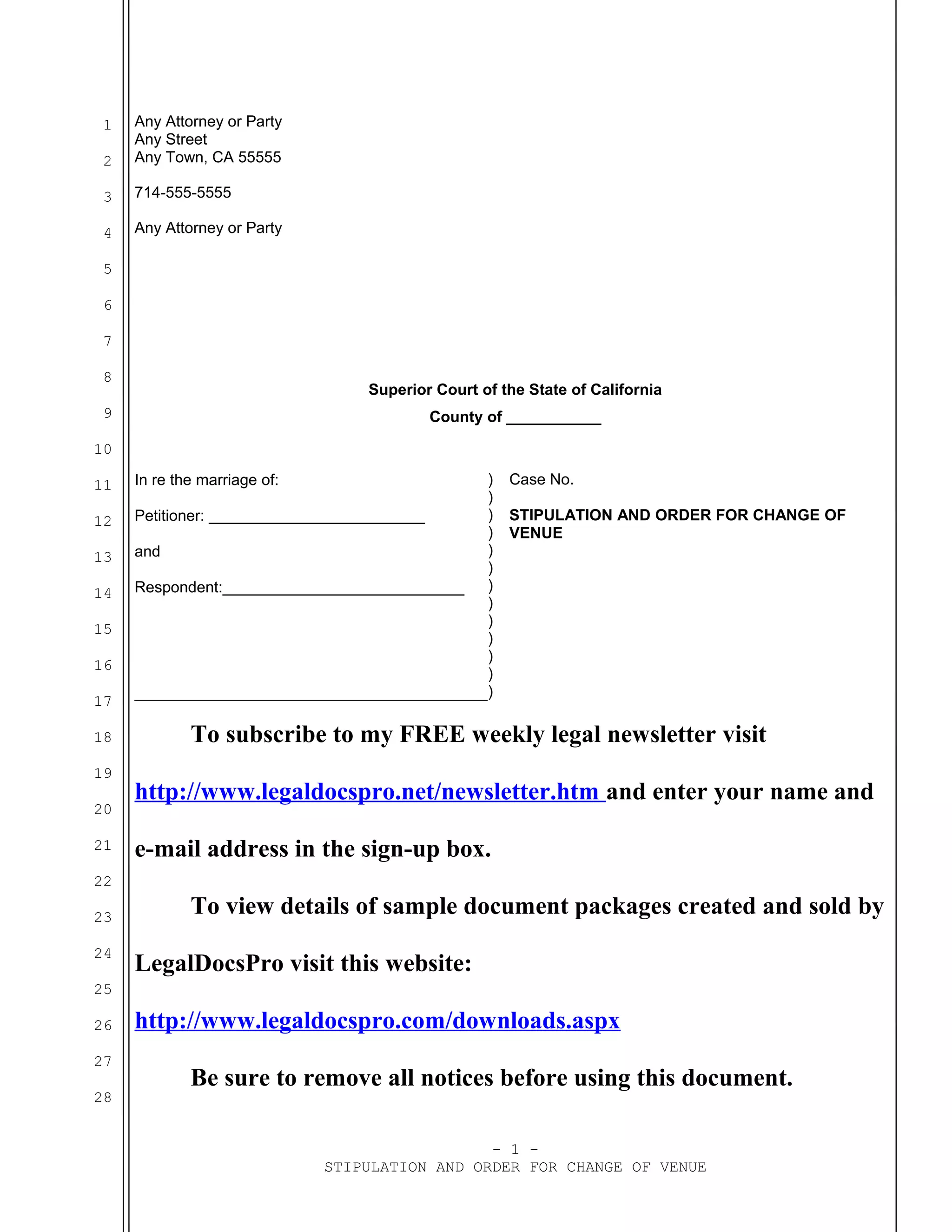 Sample stipulation and order for change of venue in California divorce ...