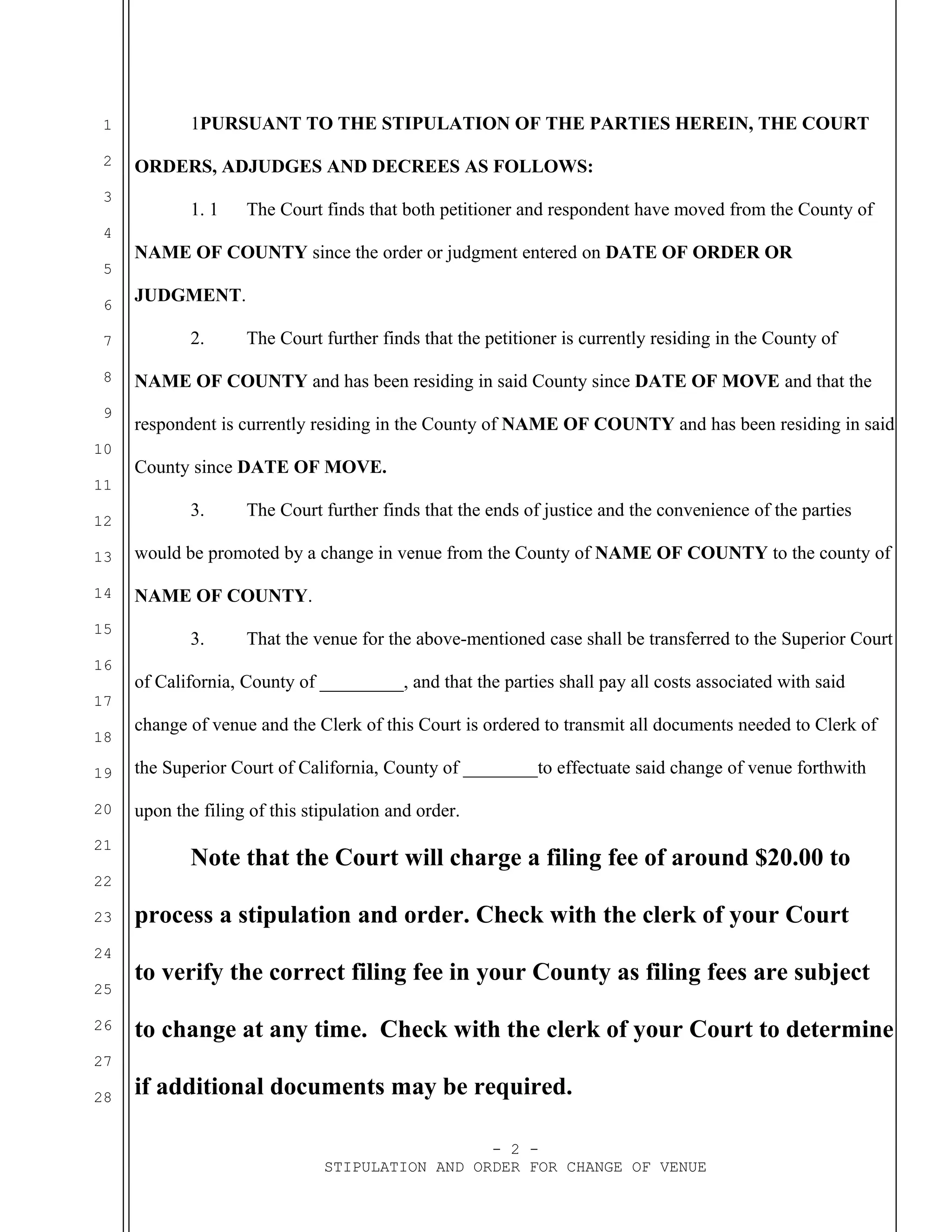 Sample stipulation and order for change of venue in California divorce ...