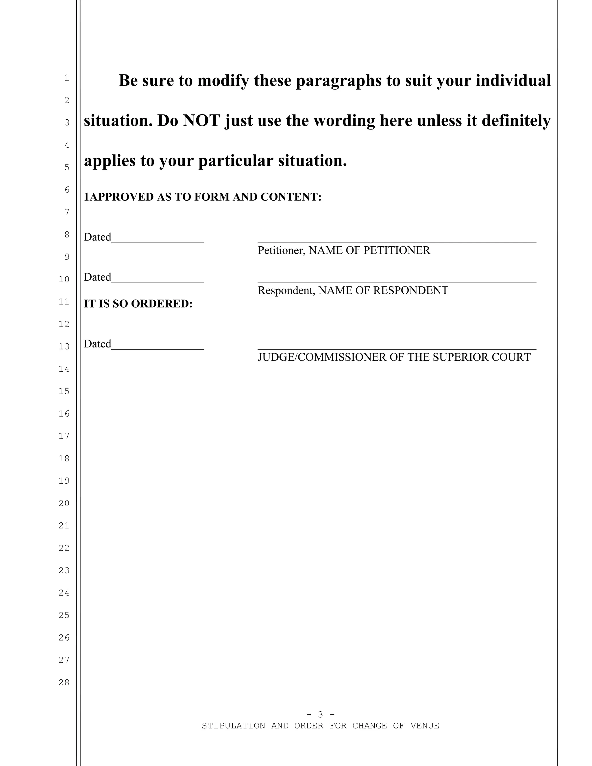 Sample stipulation and order for change of venue in California divorce ...