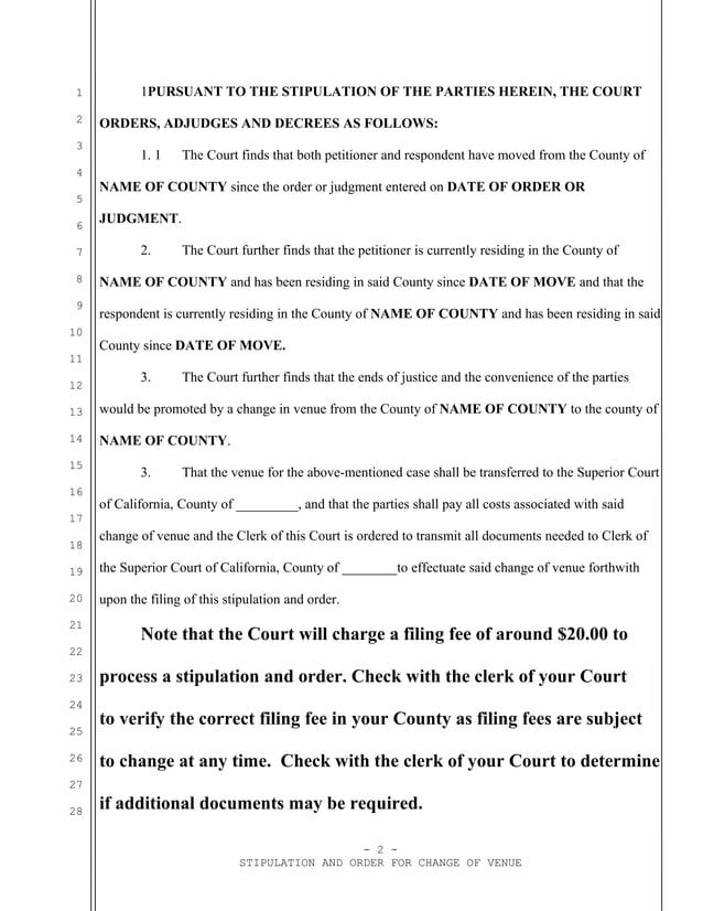 Sample stipulation and order for change of venue in California divorce ...