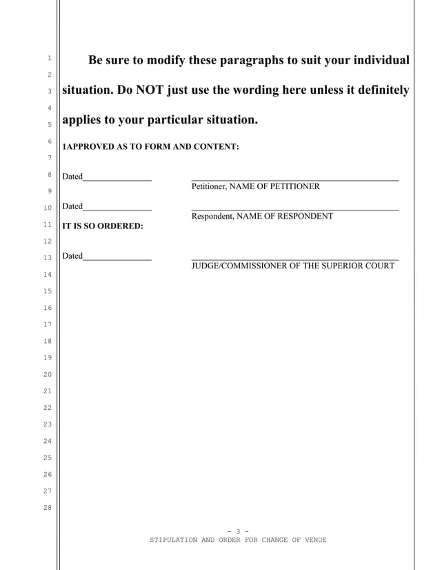 Sample stipulation and order for change of venue in California divorce ...