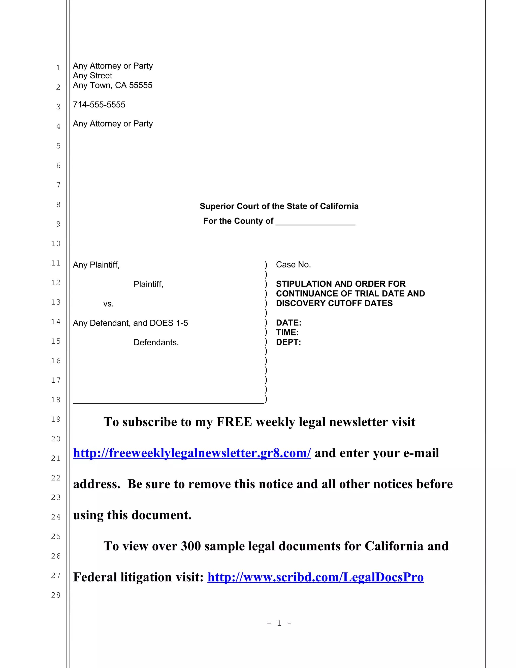 Sample stipulations and orders for california | DOC
