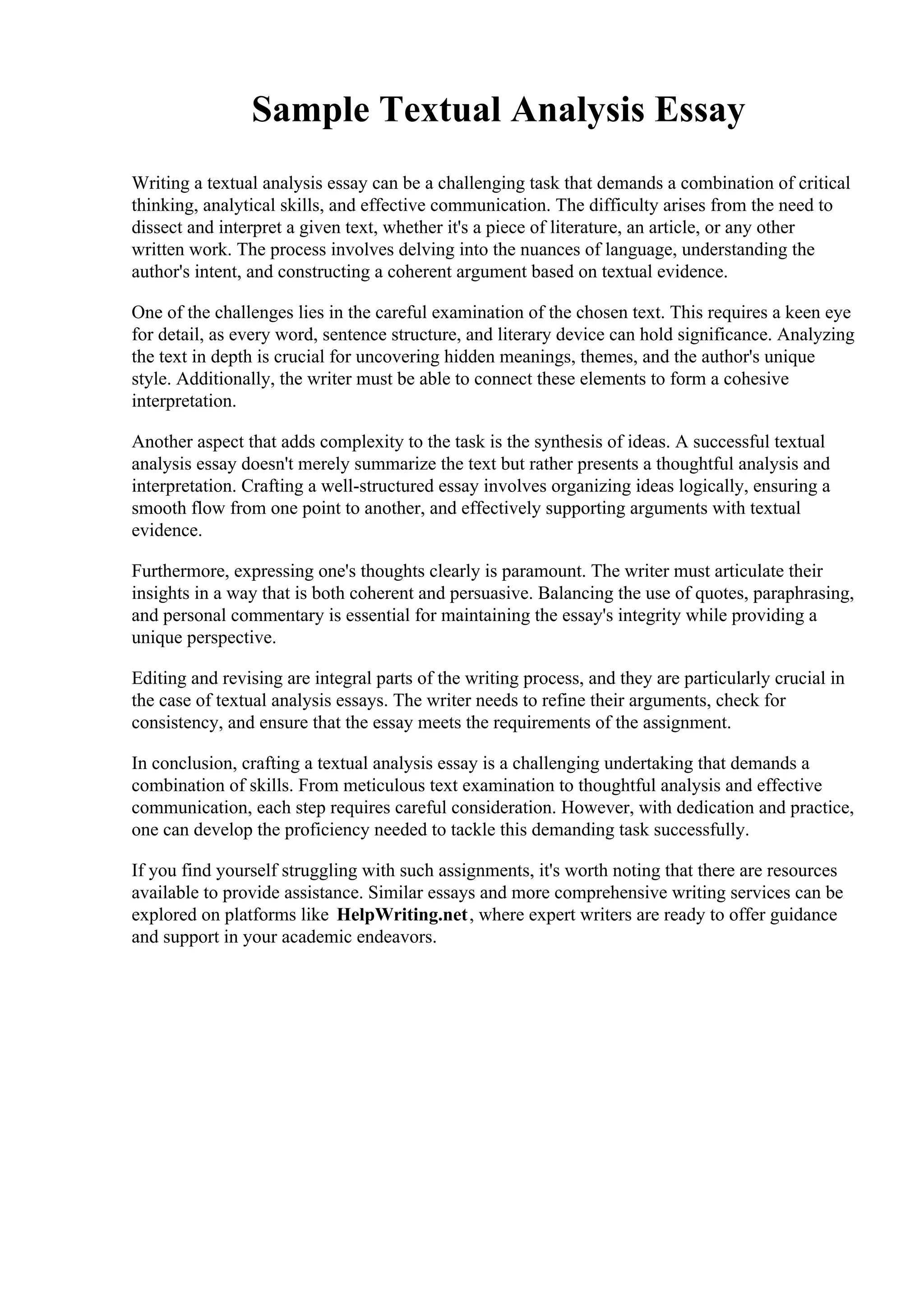 Sample Textual Analysis Essay. Judson University | PDF