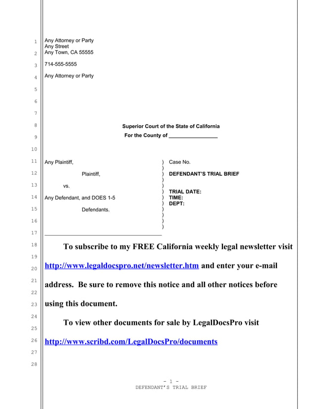 Sample trial brief for California civil case | DOC | Legal Services ...