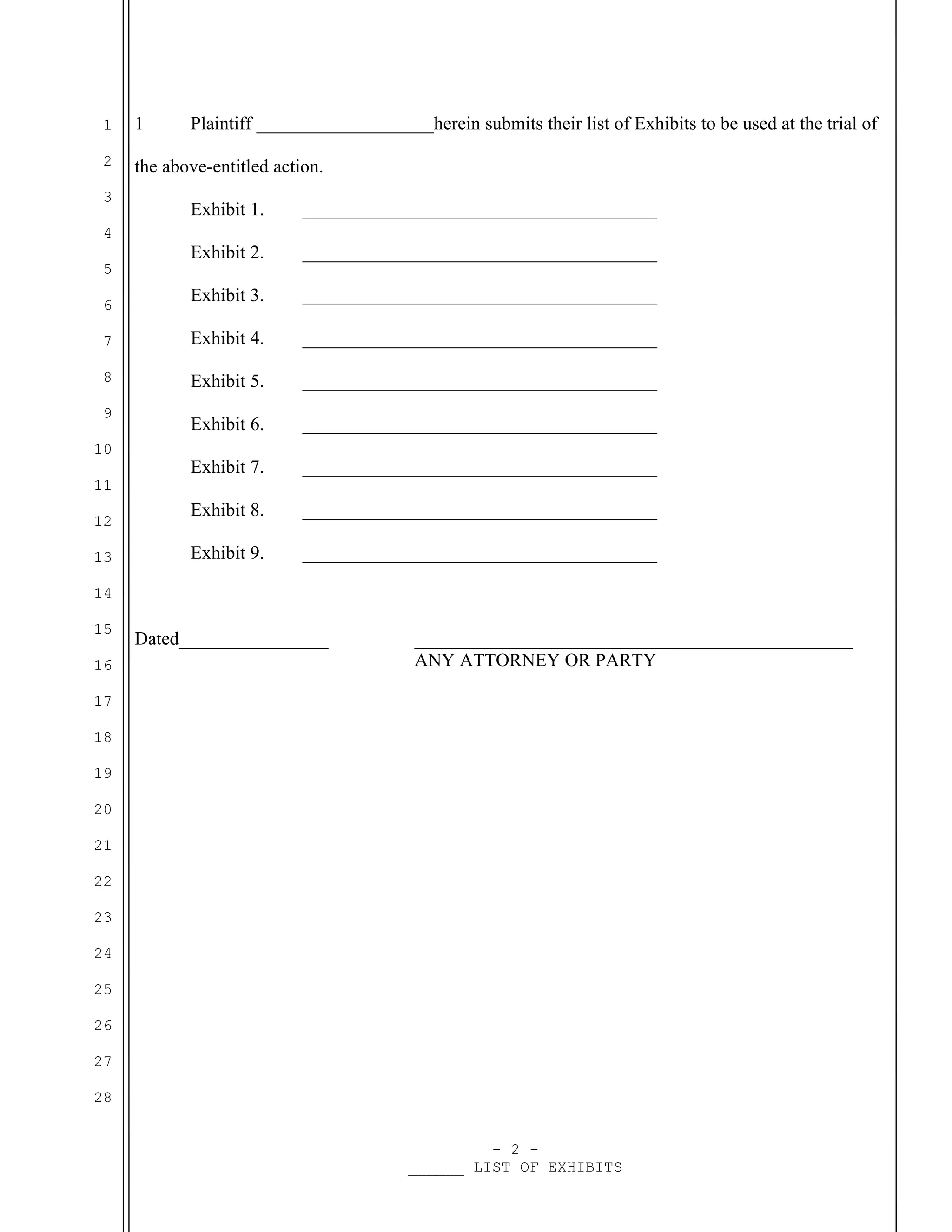 Sample trial exhibit list for California | DOC