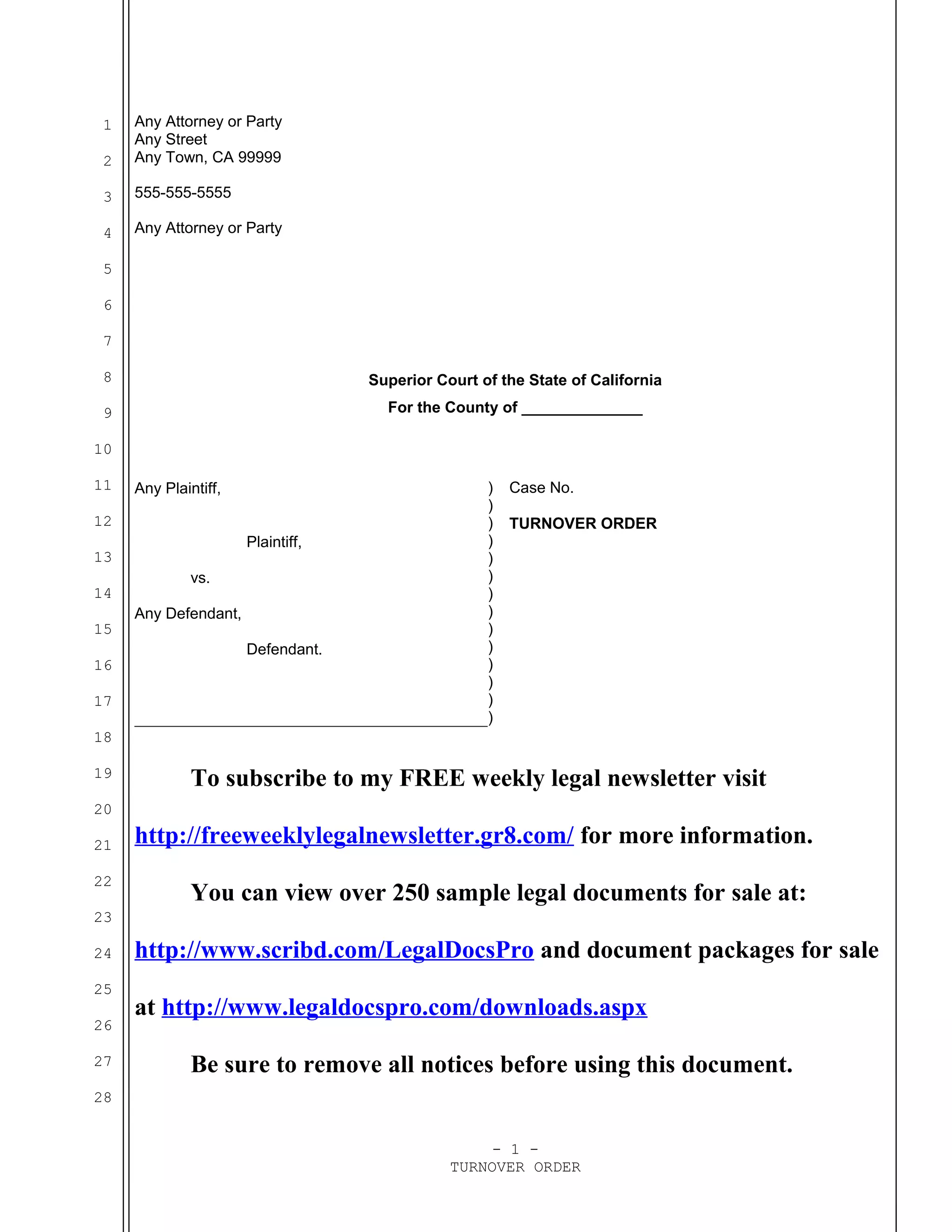 Sample turnover order for California | DOC