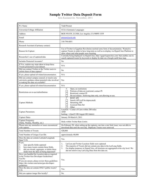 Sample twitter data deposit form | DOCX | Technology & Computing